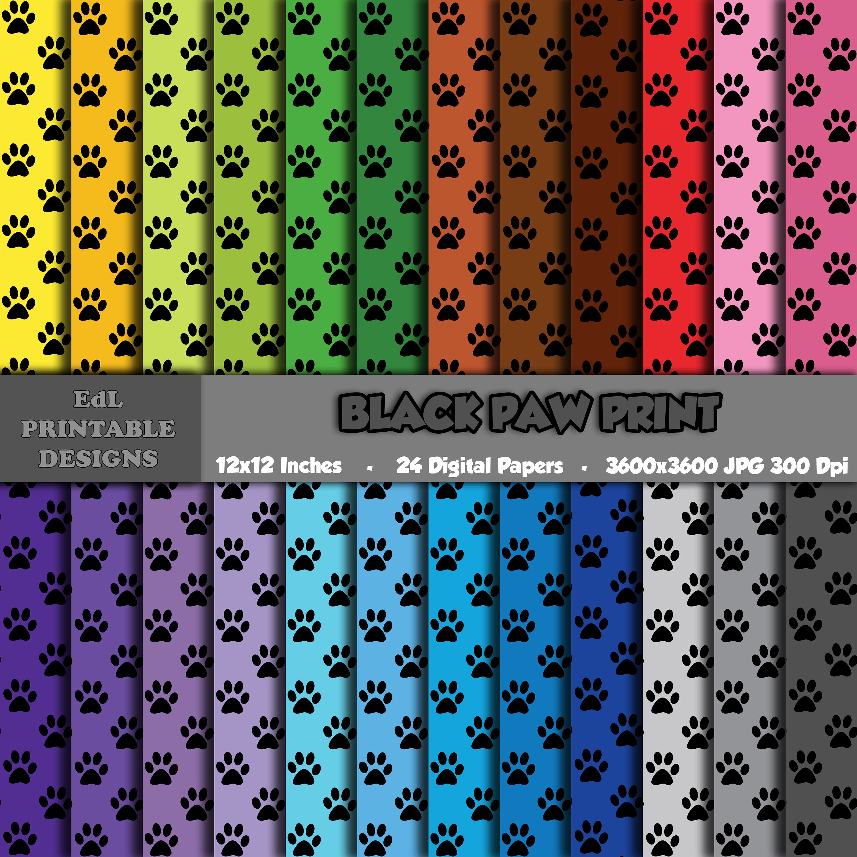 Black Paw Print Digital Paper, Animal Paw Printable Background ...