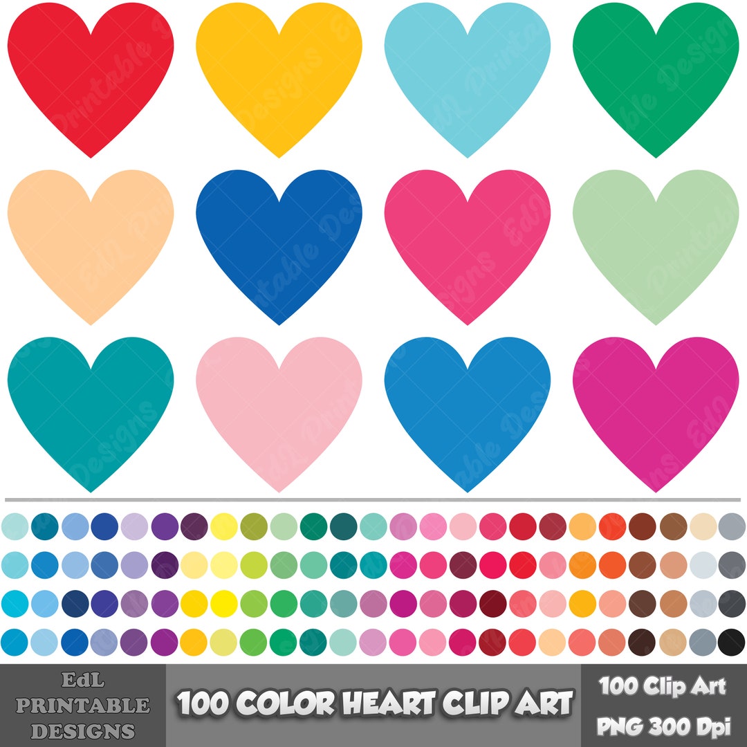 100 Solid Color Heart Clip Art, Rainbow Colorful Love Clipart ...