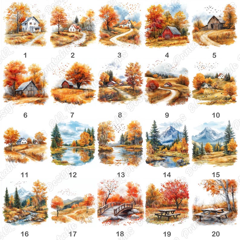 Autumn Landscape Clip Art, Cozy Fall Scenery, Watercolor Nature (JPG ...