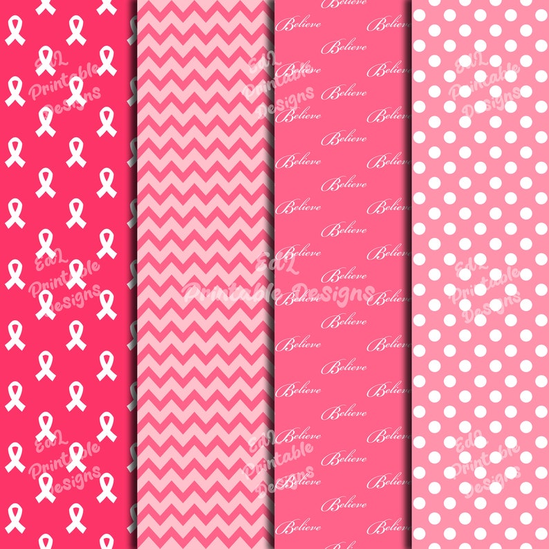 Breast Cancer Awareness Digital Paper, Pink Ribbon Patterns (set of 24 ...