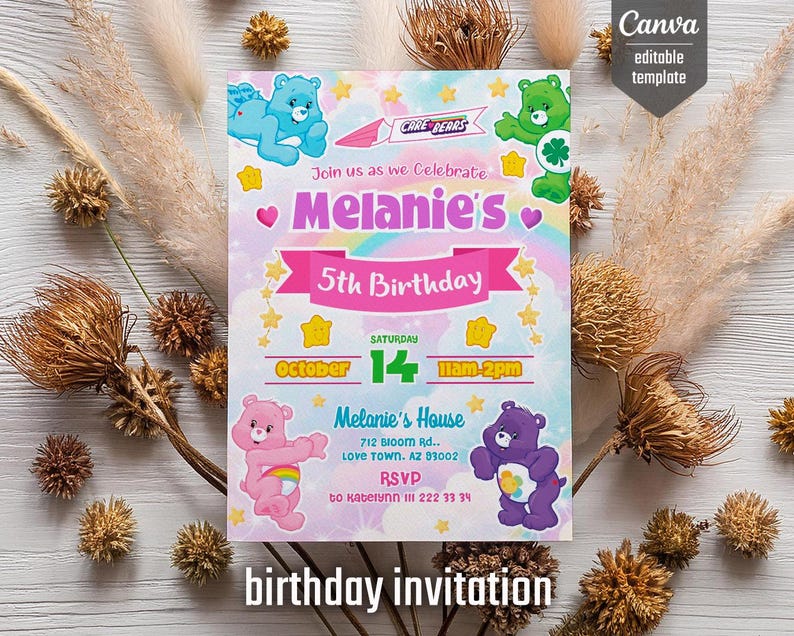 Care Bears Birthday Invitation, Printable Editable Birthday Party ...