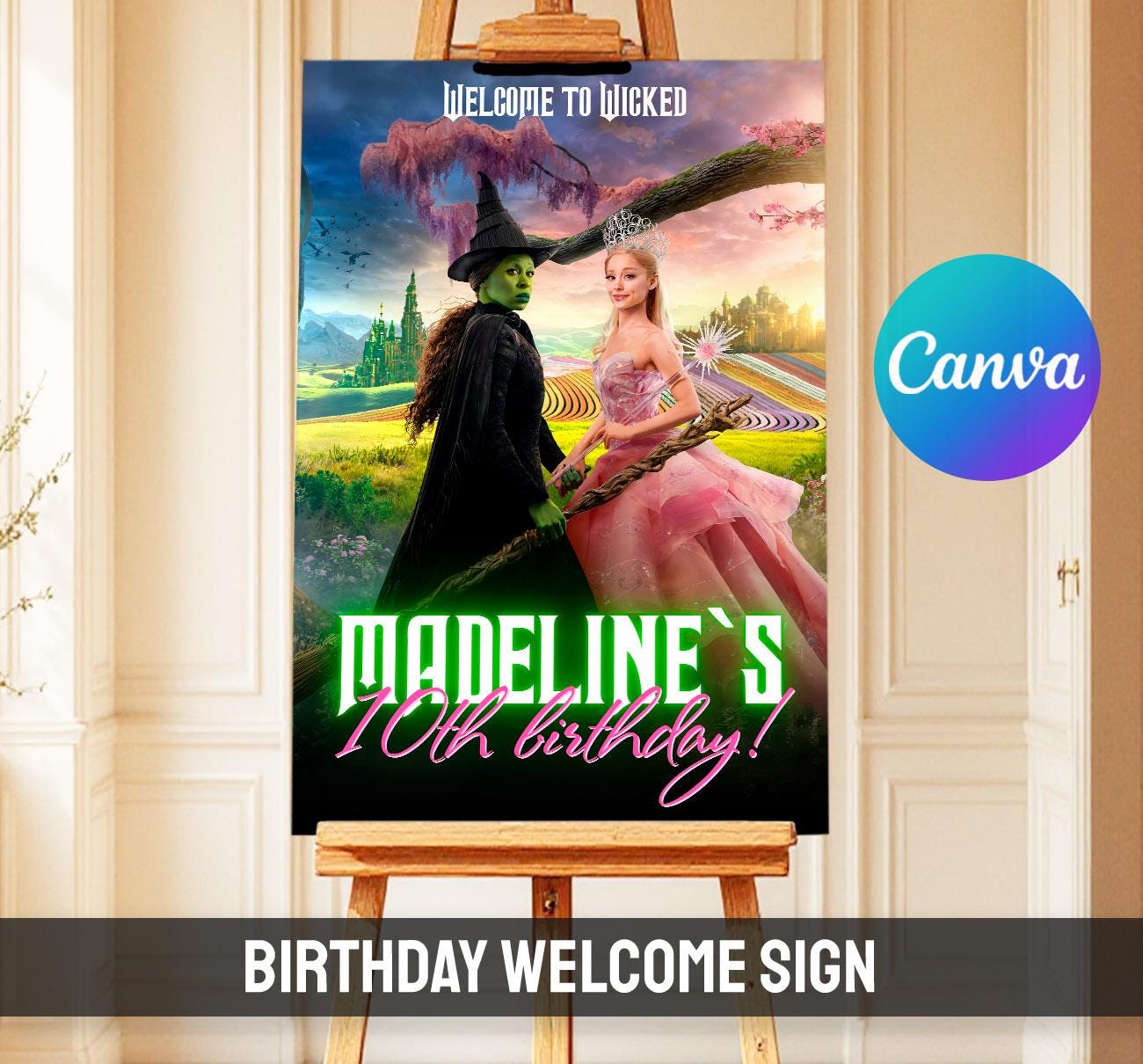 Wicked Birthday Welcome Sign, Glinda & Elphaba Welcome In, Printable ...