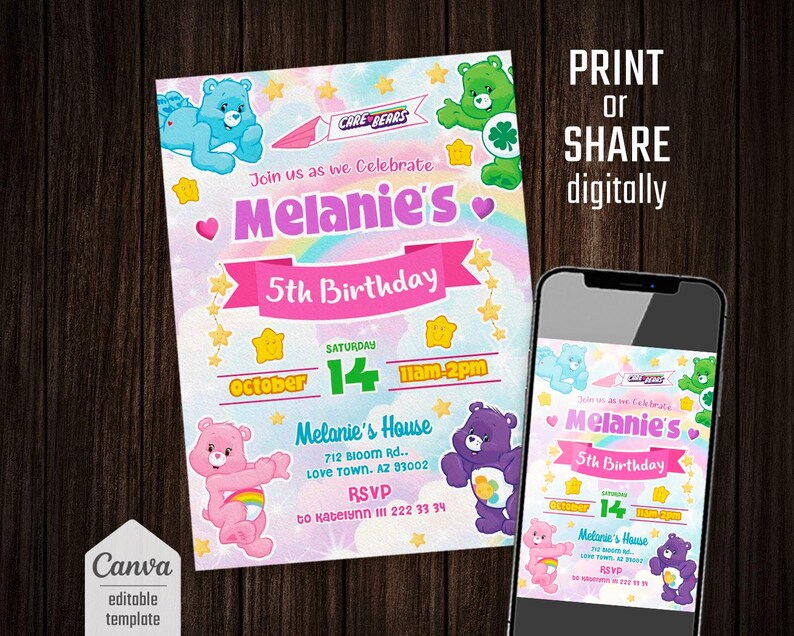 Care Bears Birthday Invitation, Printable Editable Birthday Party ...