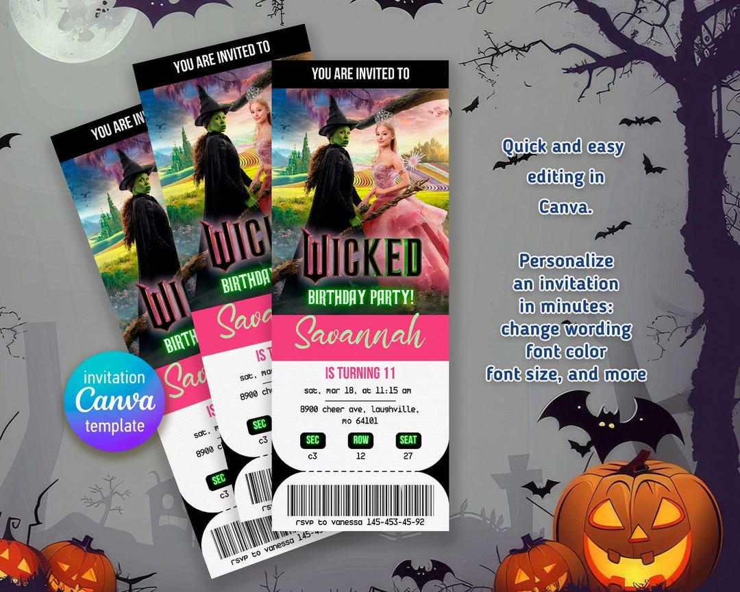 Editable Wicked Movie Ticket Invite, Birthday Invitation, Editable ...