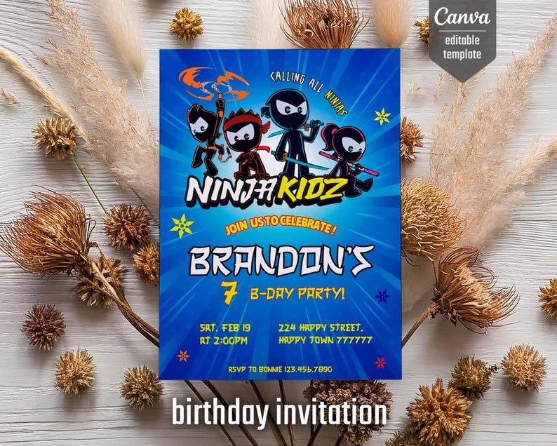 Ninja Kidz Editable Printable Invitation, Boy Girl Birthday Invitation ...