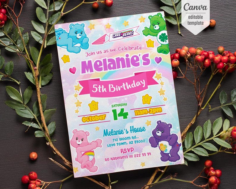Care Bears Birthday Invitation, Printable Editable Birthday Party ...