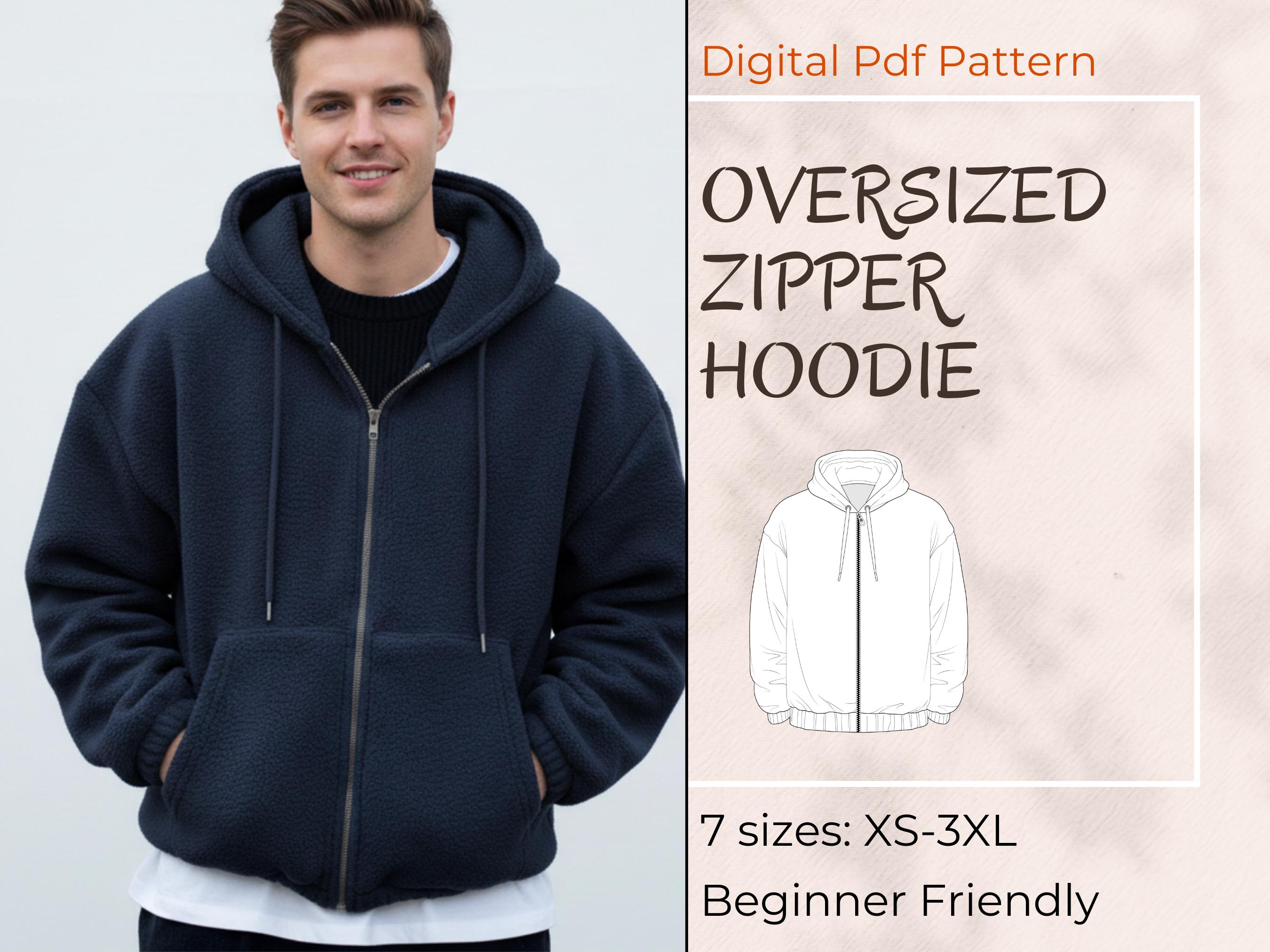 Oversized Zipper Hoodie Sewing Pattern for Men, Unisex Sweatshirt, Easy ...