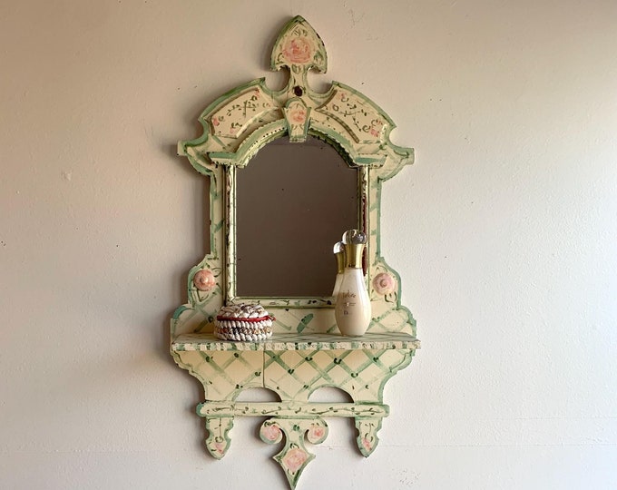 Folk Art Mirror With Shelf / Handmade Woodworked Mirror With Ornate ...