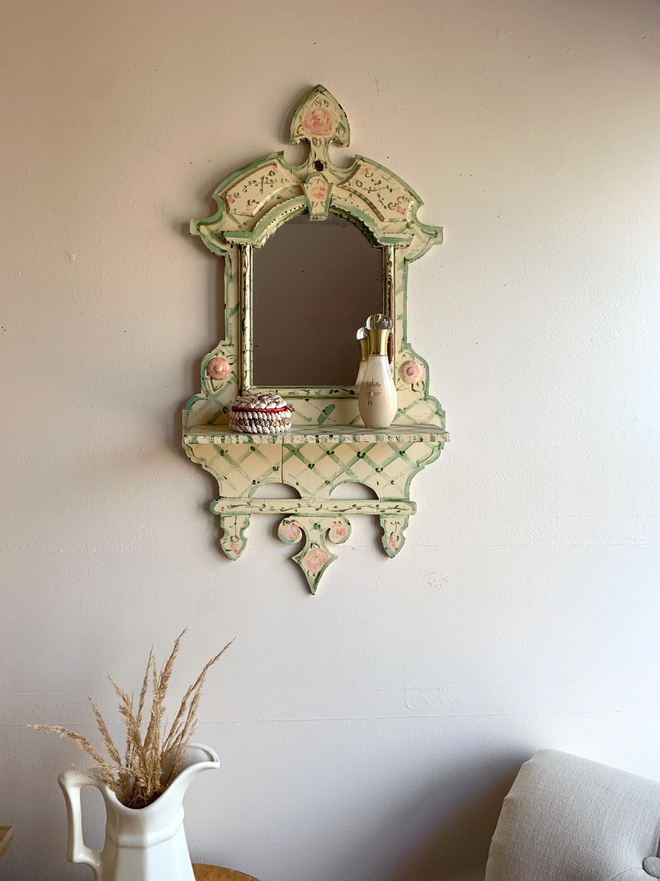 Folk Art Mirror With Shelf / Handmade Woodworked Mirror With Ornate ...