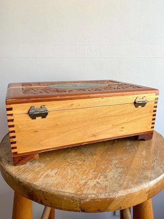 Vintage Carved Cedar Storage Box / Cedar Box with Lan… - Gem
