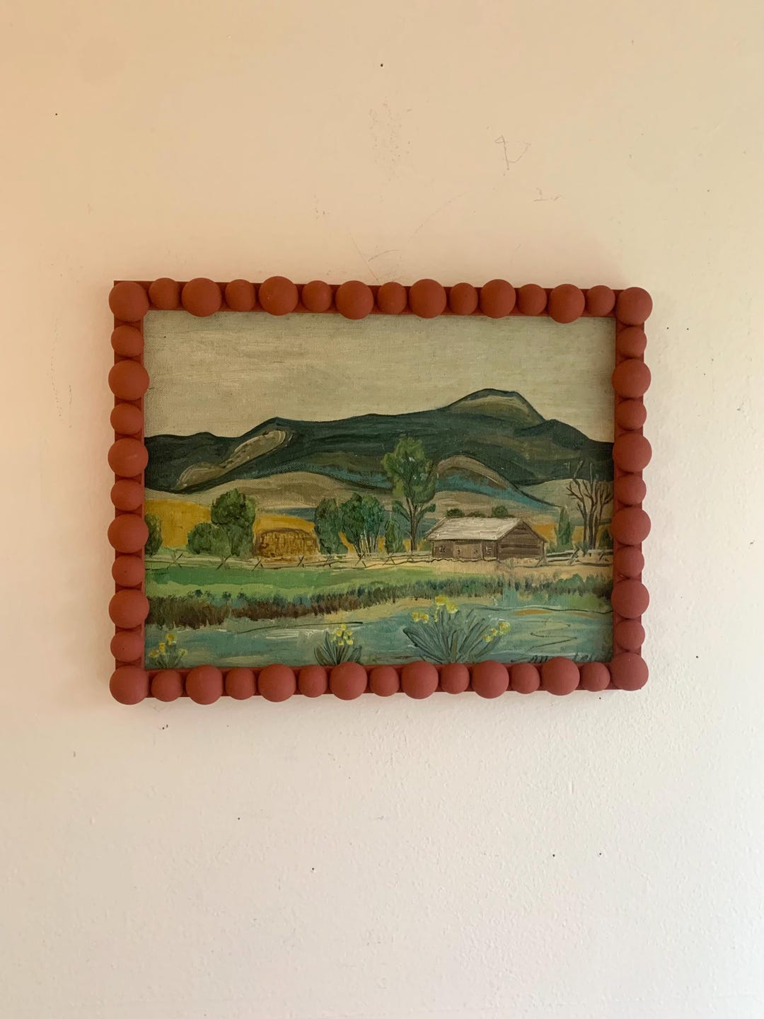 Vintage Landscape Painting in Red Bobbin Frame / Framed Painting ...