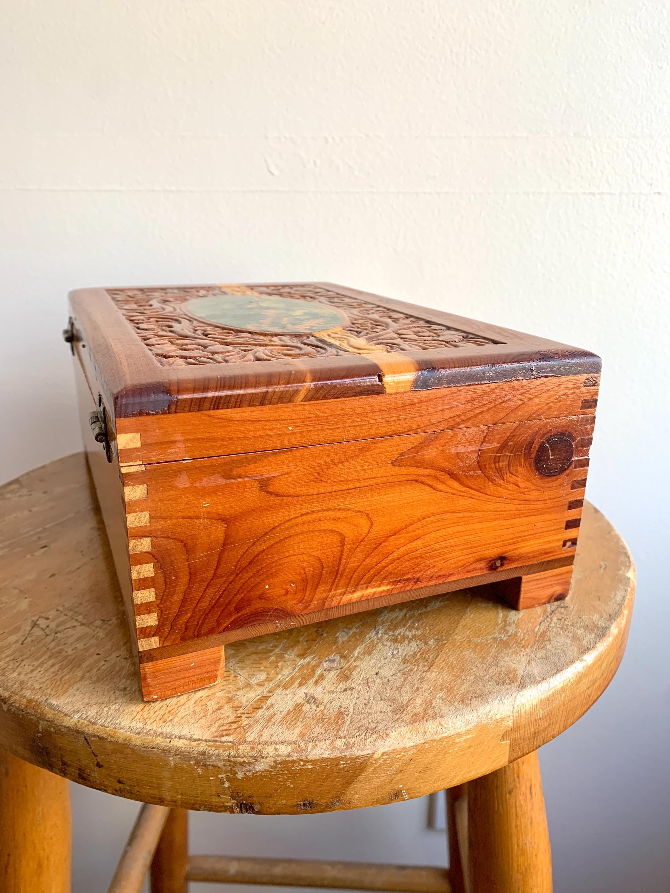 Vintage Carved Cedar Box: Landscape Design, Dovetail Corners - Etsy