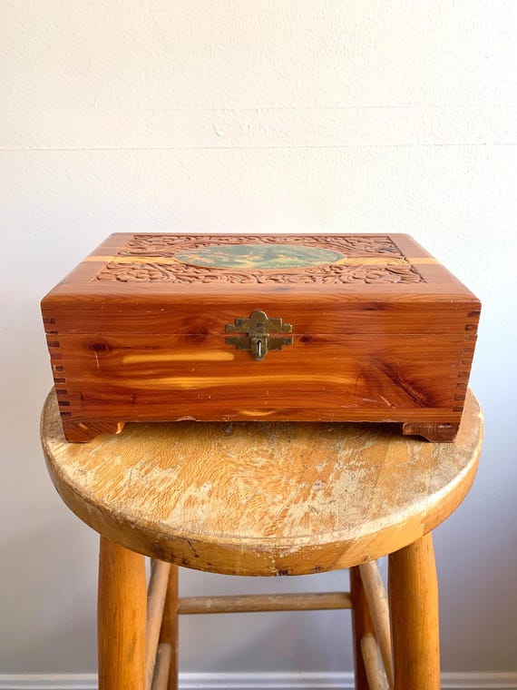 Vintage Carved Cedar Storage Box / Cedar Box with Lan… - Gem
