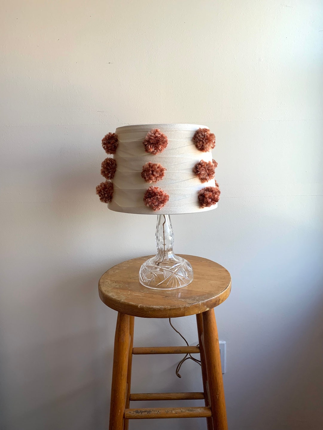 Vintage Etched Glass Boudoir Lamp: Handmade Pompom Lampshade - Etsy