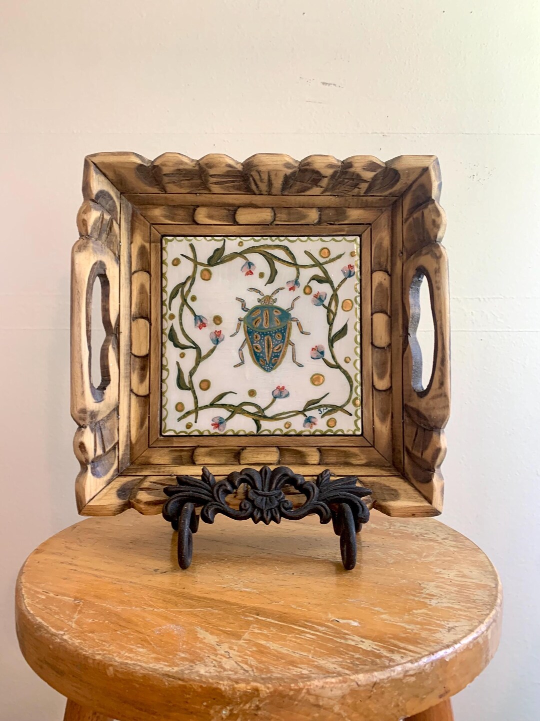 Vintage Handpainted Beetle Signed Tray / Decorative Vintage Wood Tray ...