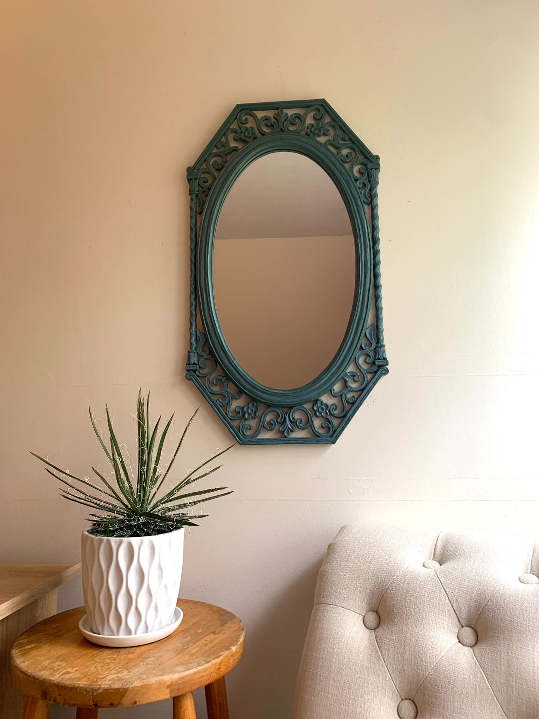 Vintage Blue Ornate Syroco Mirror / Syroco Oval Mirror / Vintage ...