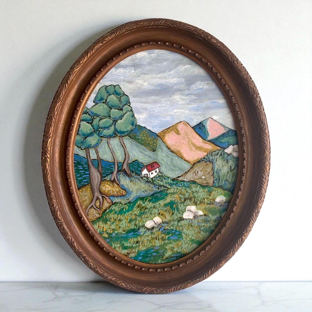 Hand Painted Cottage Landscape Painting in Oval Frame / Cottagecore ...