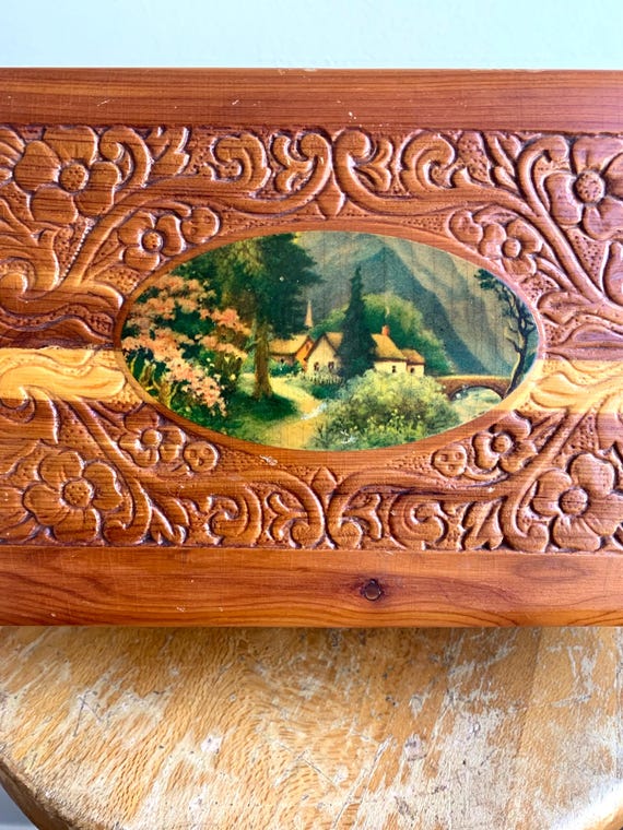 Vintage Carved Cedar Storage Box / Cedar Box with Lan… - Gem