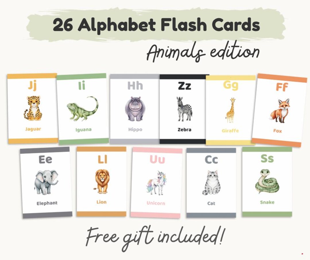 26 Printable Animal Alphabet Flash Cards, ABC Educational Cards for ...
