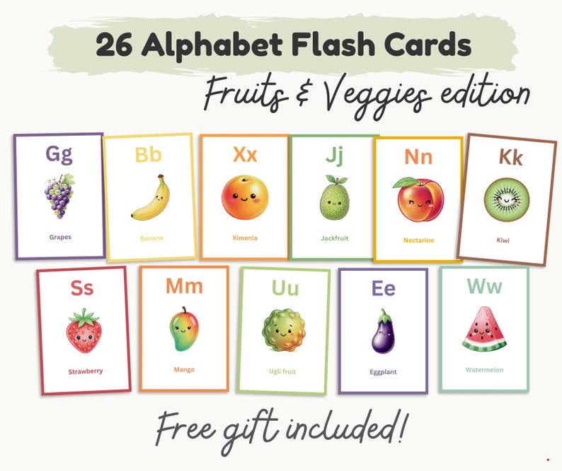 26 Printable Alphabet Flashcards – Fruits and Vegetables A–Z Cards for ...