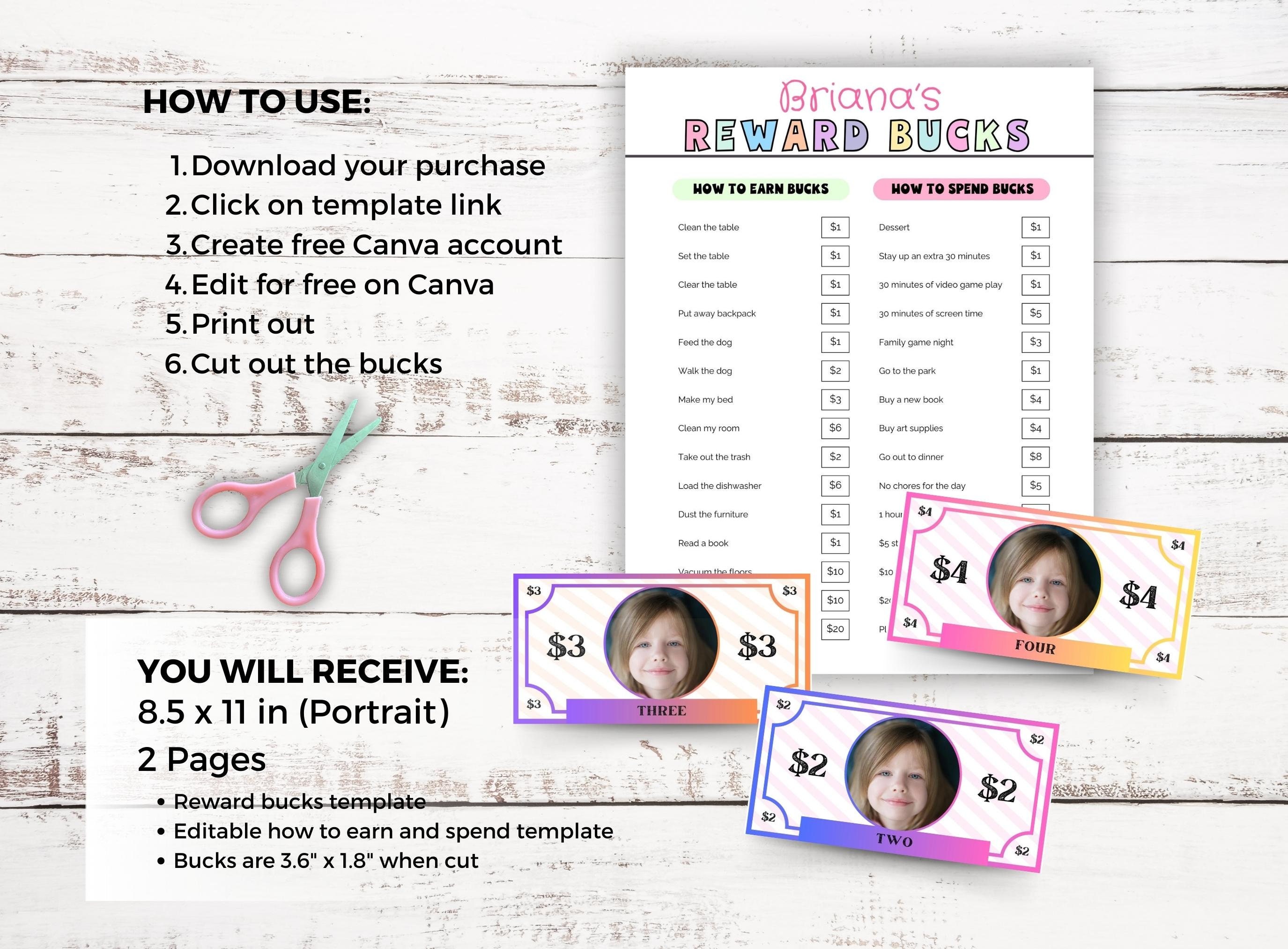 Editable Kids Reward Bucks - Etsy