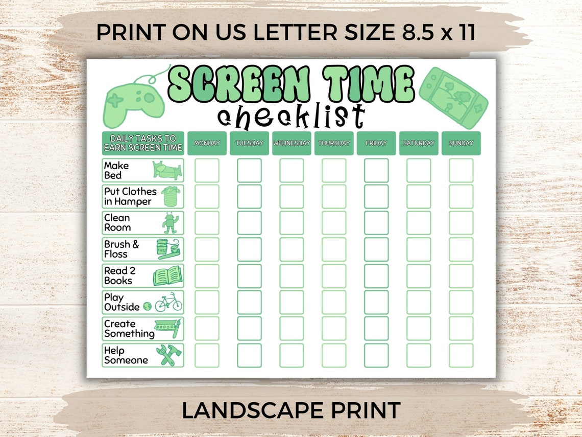 Screen Time Checklist, Screen Time Chart Checklist, Printable Screen ...