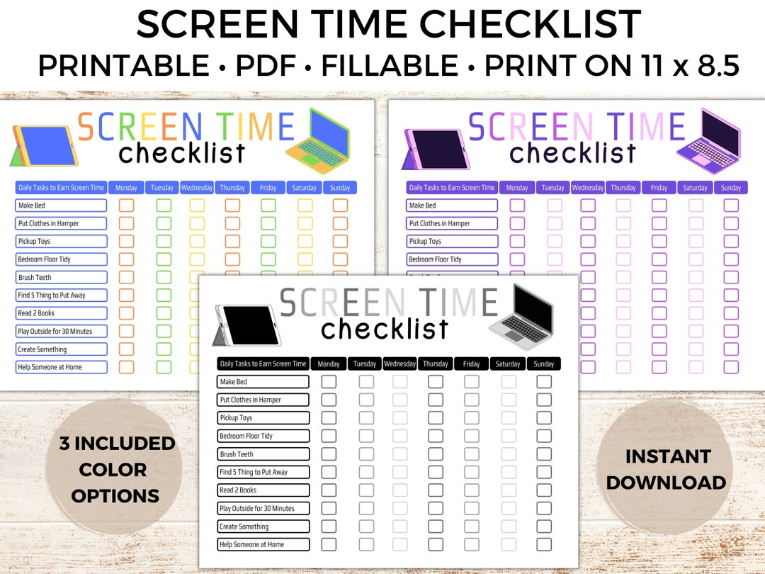 Screen Time Checklist Screen Time Chart Checklist Editable - Etsy