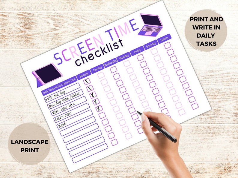 Screen Time Checklist, Screen Time Chart Checklist, Editable Printable ...