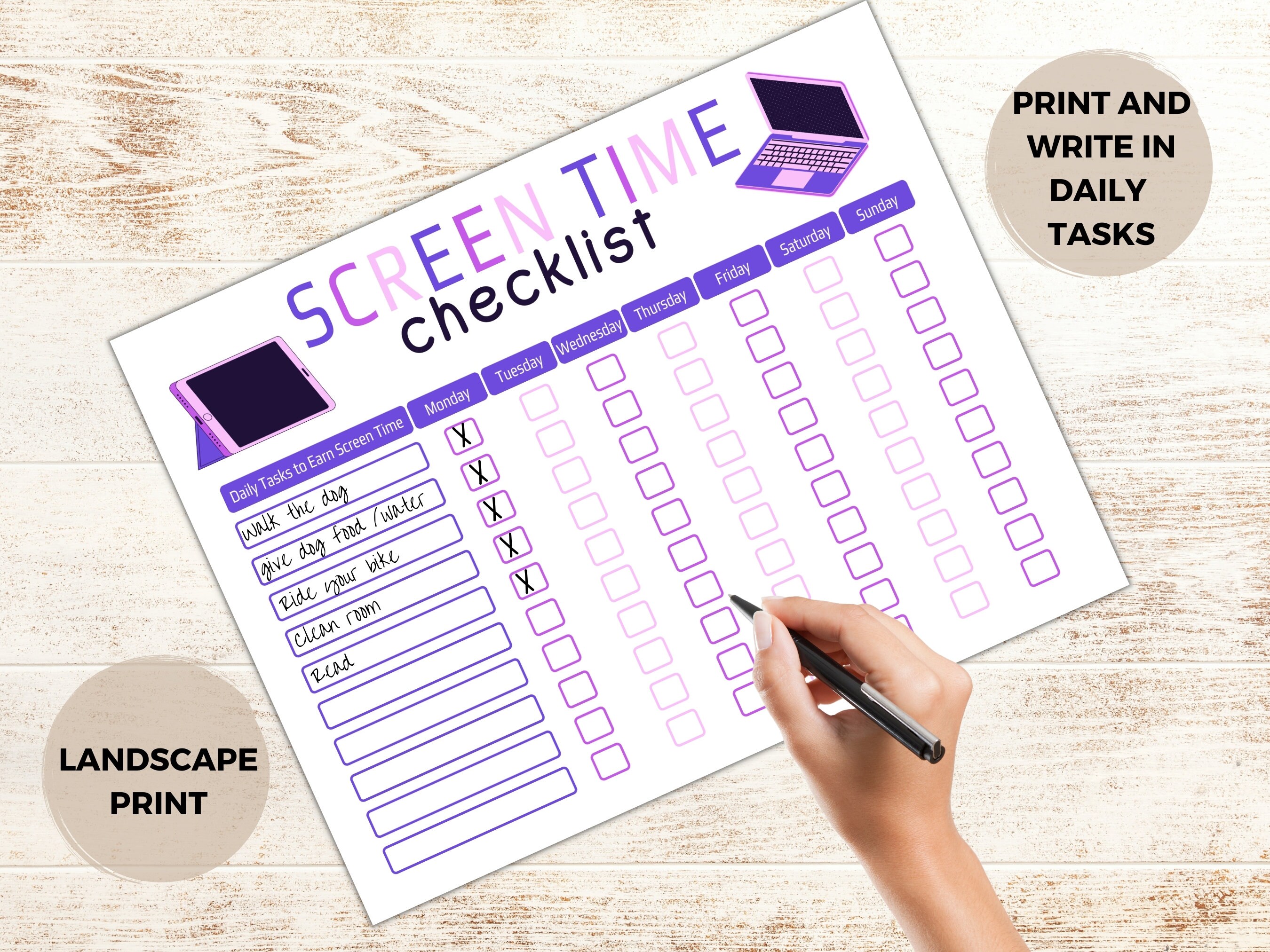 Screen Time Checklist, Screen Time Chart Checklist, Editable Printable Screen Time Chore Chart ...