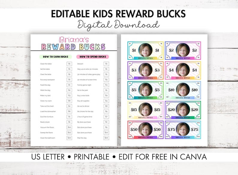 Editable Kids Reward Bucks - Etsy