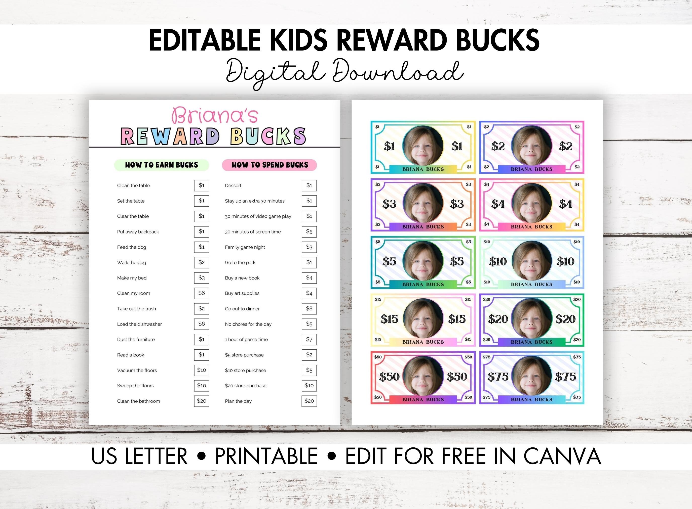Editable Kids Reward Bucks - Etsy