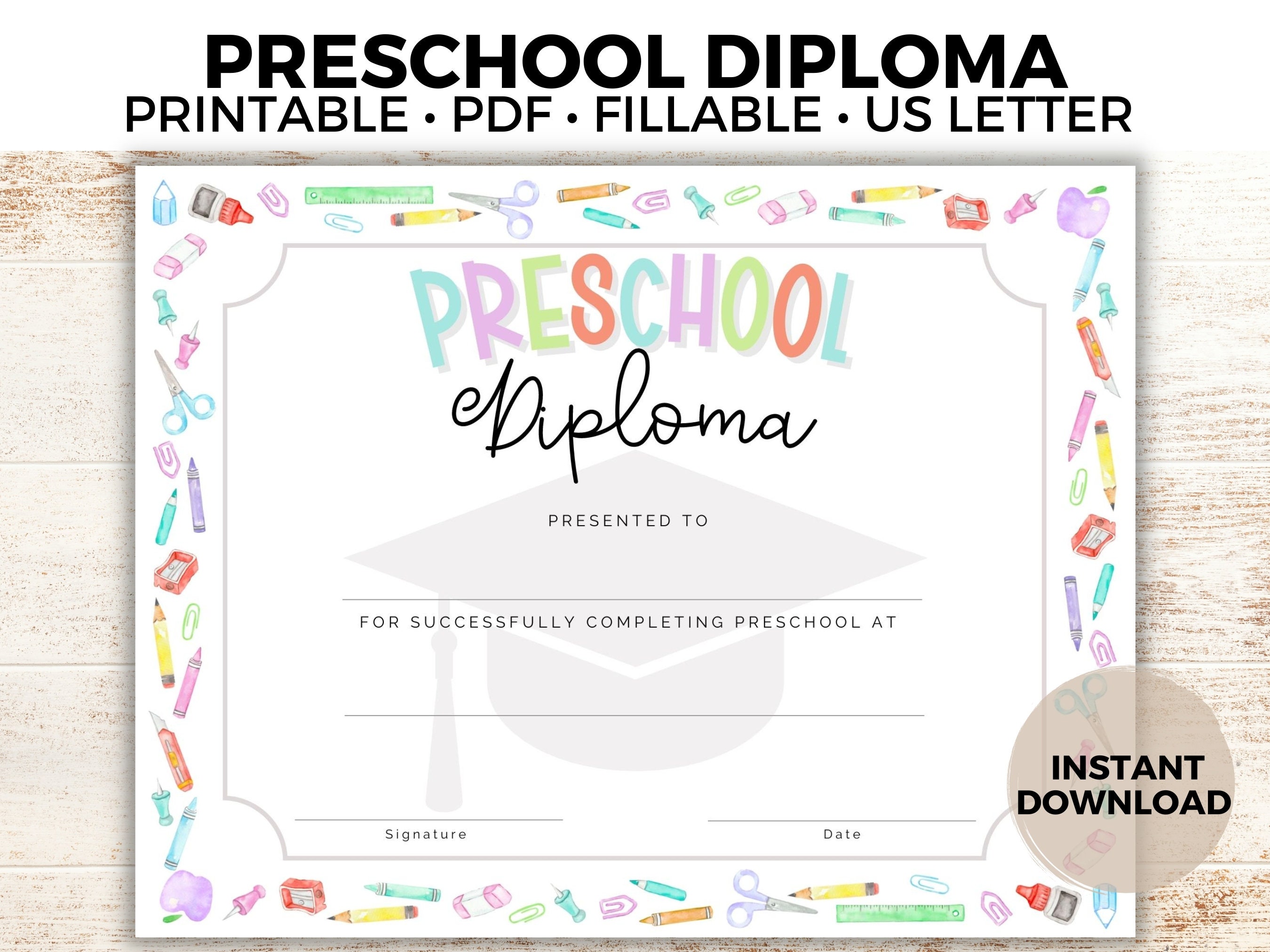 Fillable Preschool Diploma, Preschool Graduation, Preschool Certificate ...