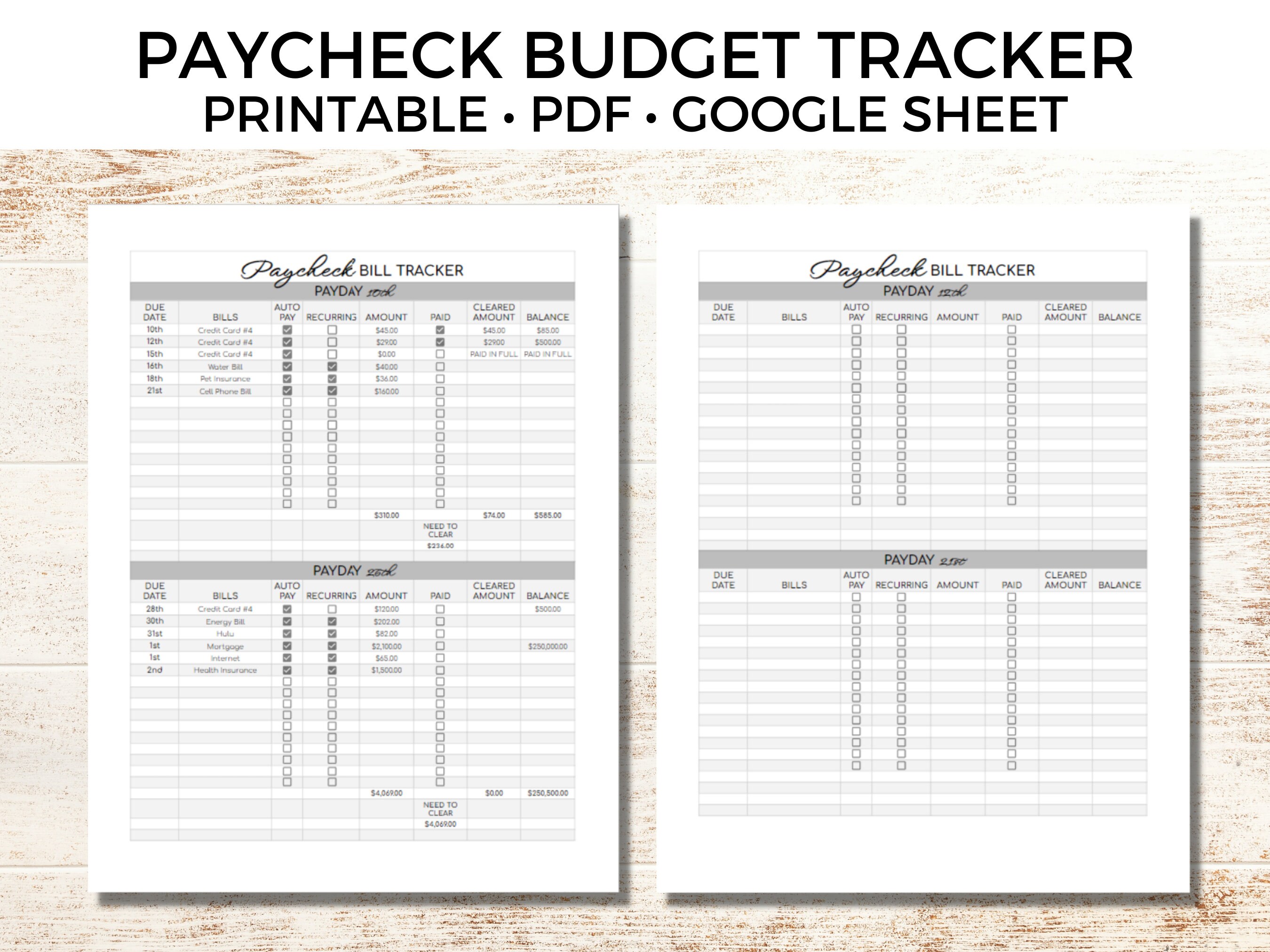 Paycheck Bill Tracker , Digital Download L Printable , PDF and Google ...