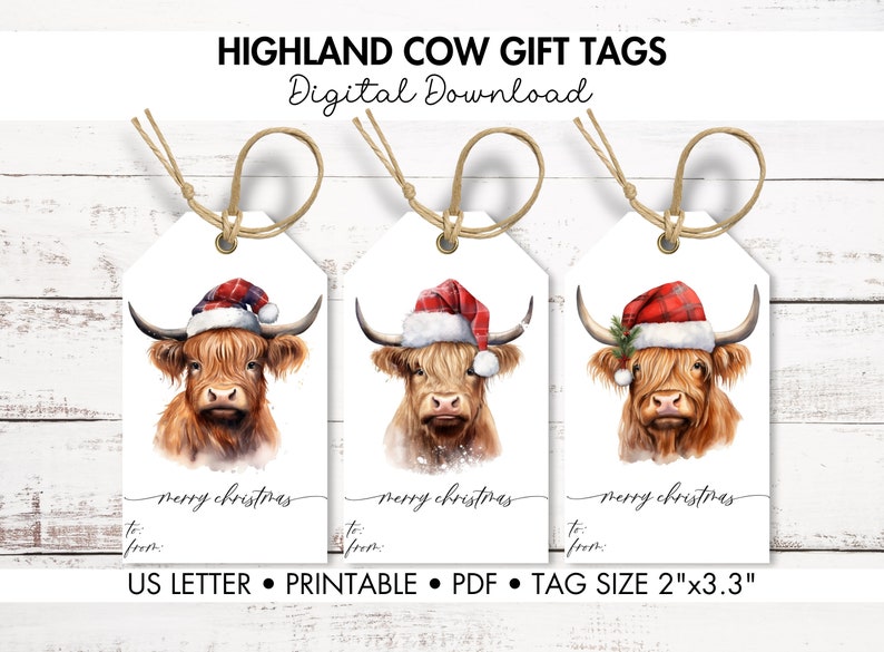 Christmas Highland Cow Gift Tag - Etsy