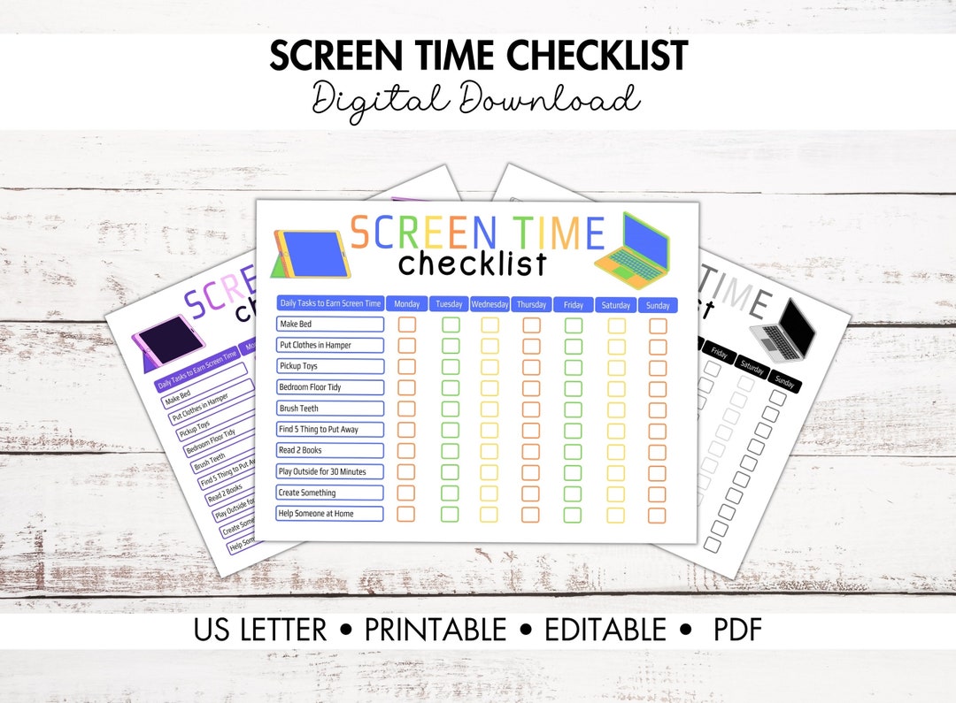 Screen Time Checklist, Screen Time Chart Checklist, Editable Printable ...