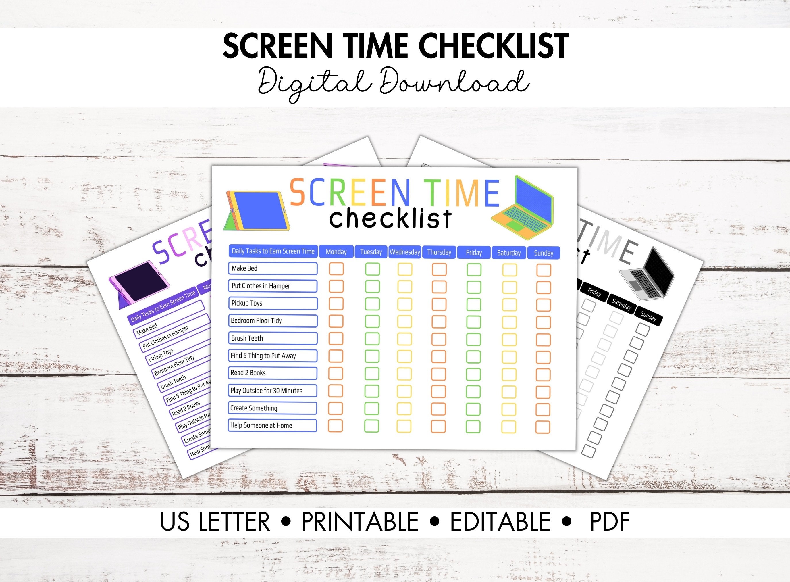 Screen Time Checklist, Screen Time Chart Checklist, Editable Printable ...