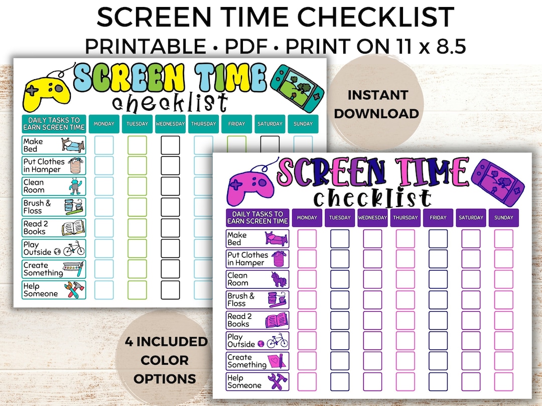 Screen Time Checklist Screen Time Chart Checklist Printable - Etsy