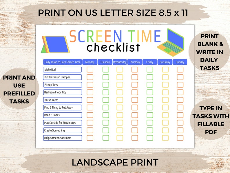 Screen Time Checklist, Screen Time Chart Checklist, Editable Printable ...