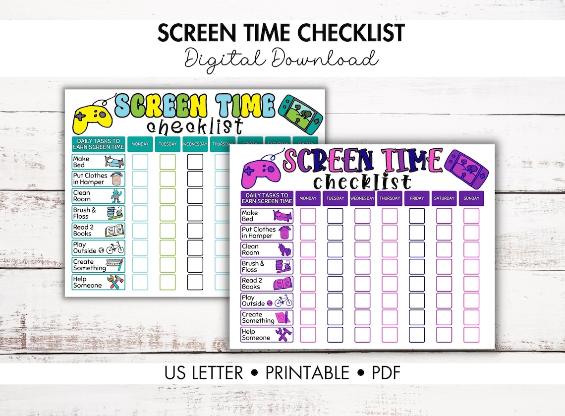 Screen Time Checklist, Screen Time Chart Checklist, Printable Screen ...