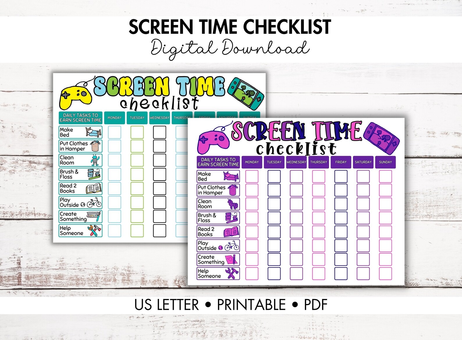 Screen Time Checklist, Screen Time Chart Checklist, Printable Screen Time Chore Chart, Daily ...