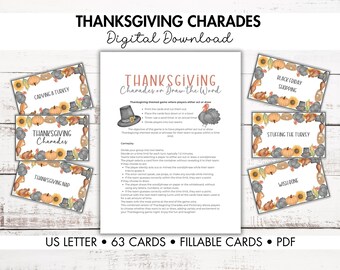 Printable Thanksgiving Charades Game for Kids, 30 Prompts With ...