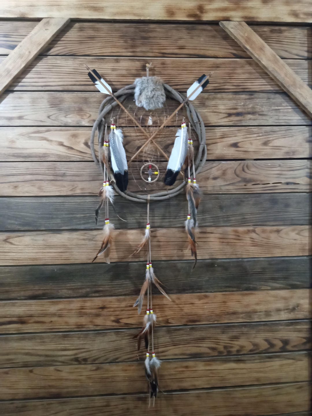 Crossed Arrows Kudzu Vine Dream Catcher With Glass Crow Beads, Rooster ...