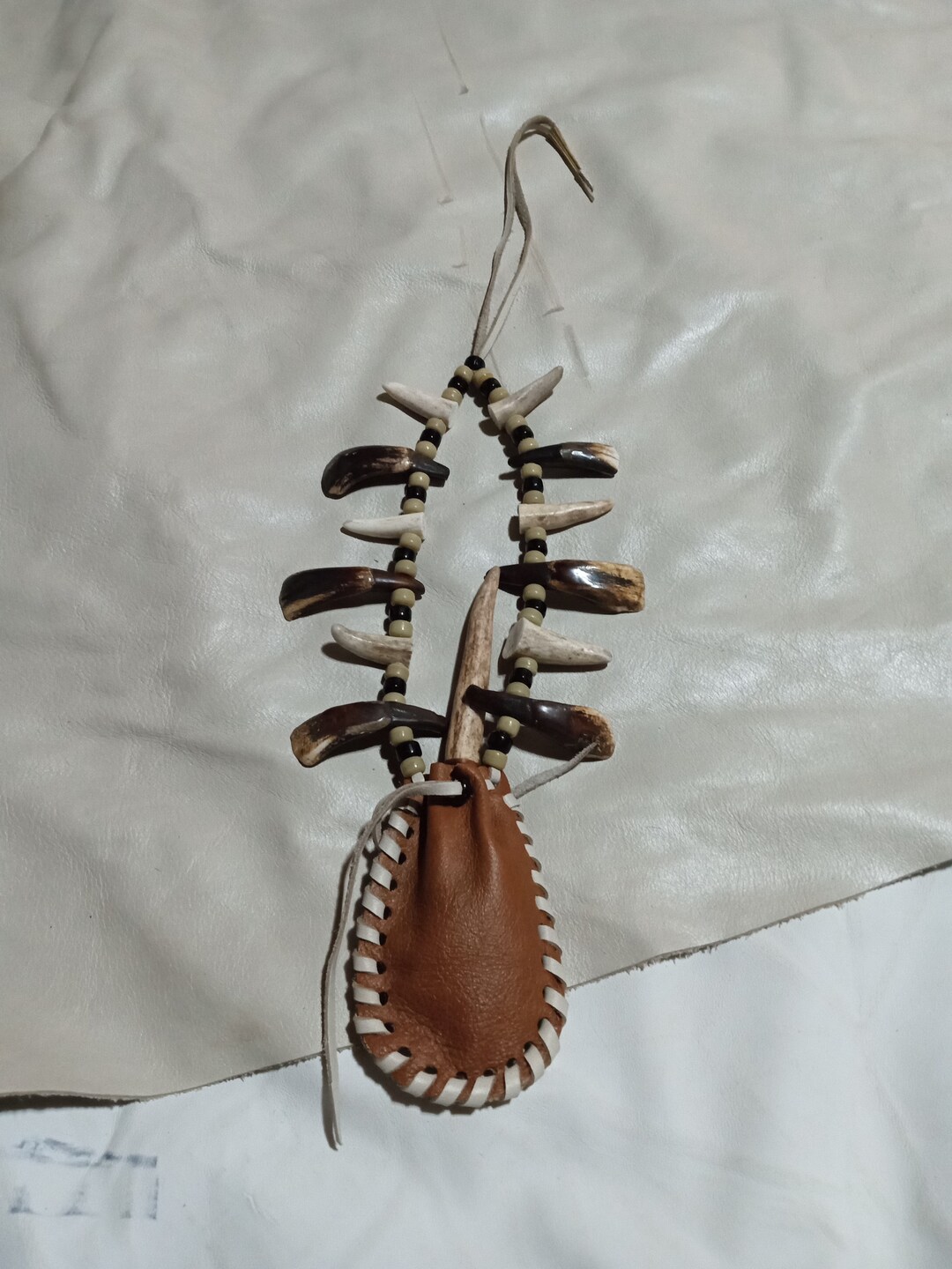 Agate Dagger Knife in Leather Pouch Necklace Adorned With Buffalo Teeth ...