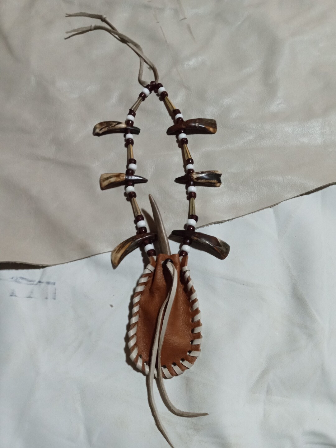 Agate Dagger Knife in Leather Pouch Necklace Adorned With Buffalo Teeth ...