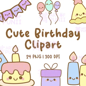 Cute Birthday Clipart PNG Bundle Kawaii Birthday Elements Digital ...