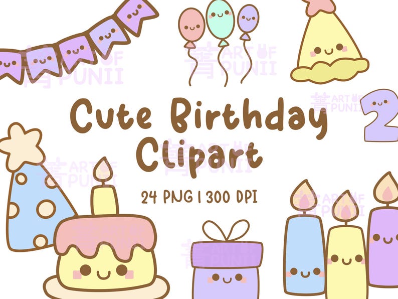 Cute Birthday Clipart PNG Bundle Kawaii Birthday Elements Digital ...