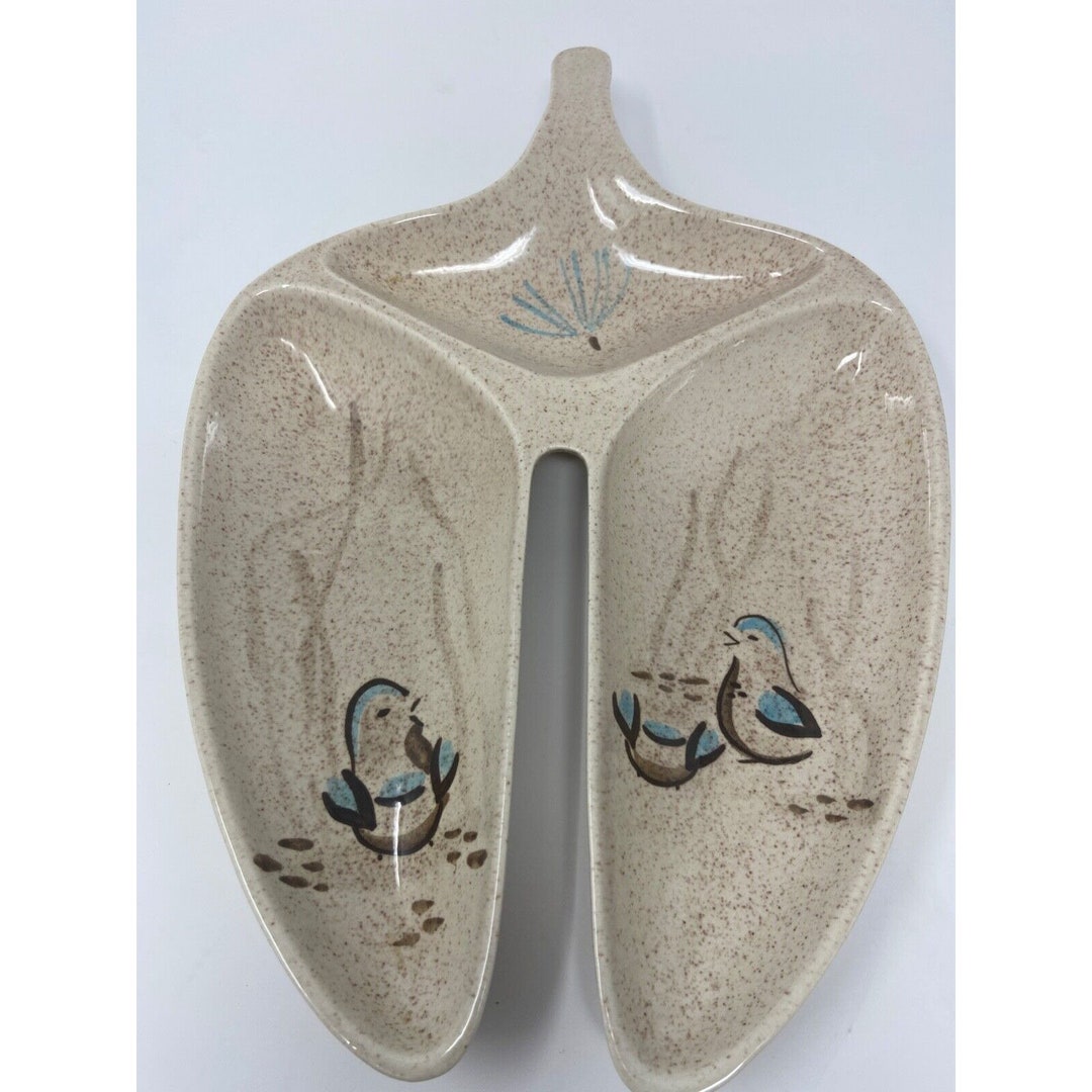 Red Wing USA Pottery USA Bob White Blue Bird 3 Way Divided Serving ...