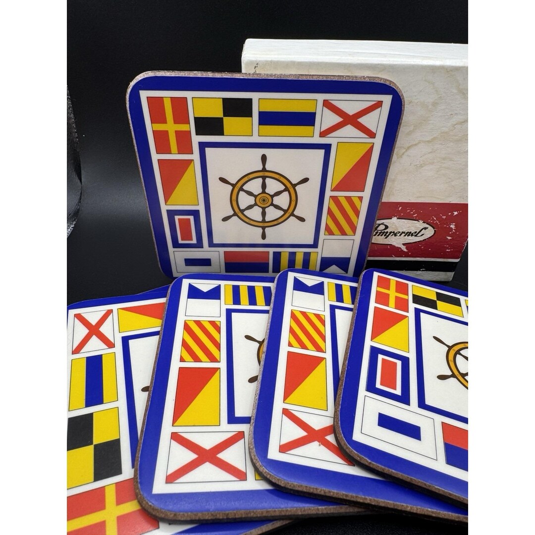 Vintage Pimpernel Set Nautical Flags Cork Backed Coasters Boater Boxed ...