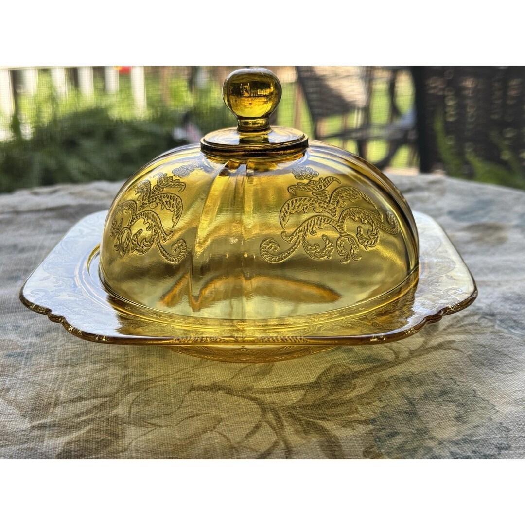 Covered Round Butter Cheese Dish Federal Amber Yellow Depression Glass ...