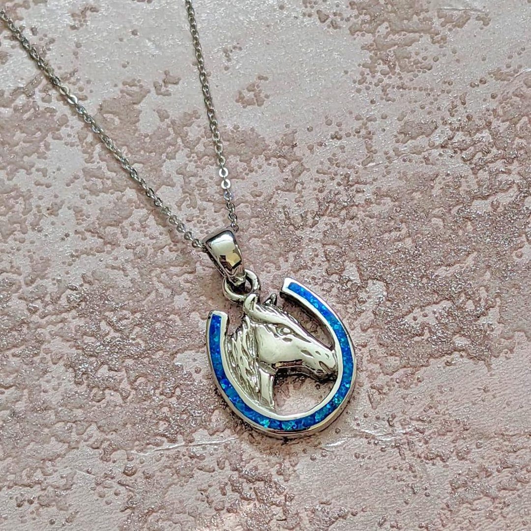 Blue Opal Horse Shoe Horseshoe Sterling Silver Pendant Necklace - Etsy
